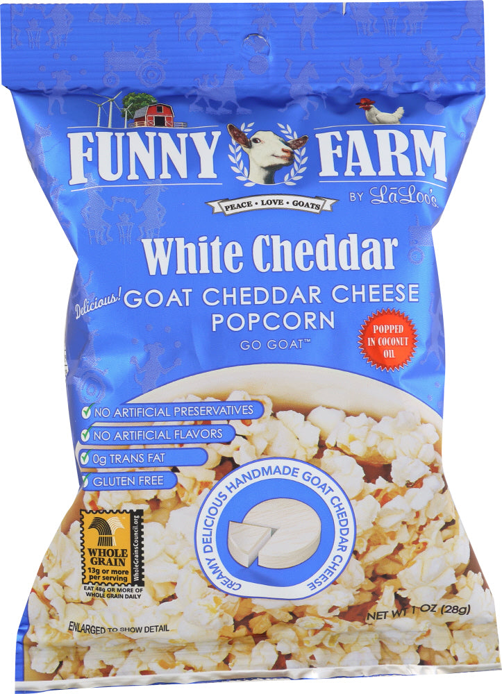 FUNNY FARMS: Goat Cheese Popcorn White Cheddar, 1 oz — No Brand For Less